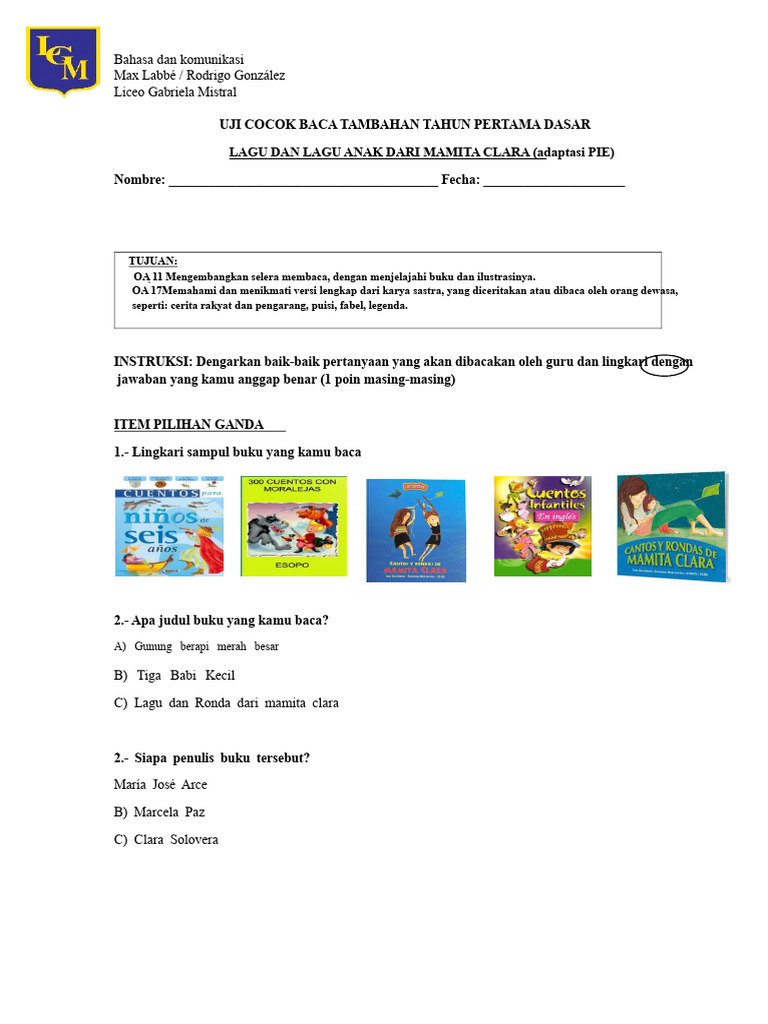 Uji Baca Buku Anak: Lagu Mamita Clara | PDF