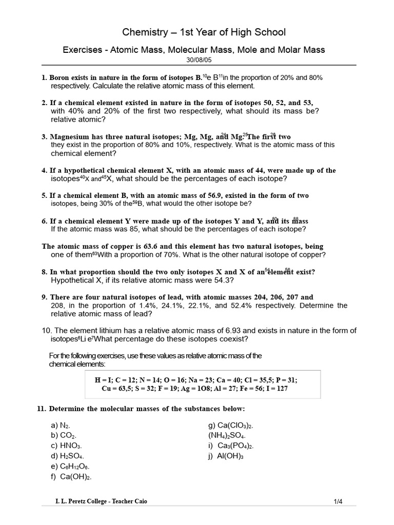Exercise On Molar Mass, Atomic Mass, and Mole | PDF | Mole (Unit ...