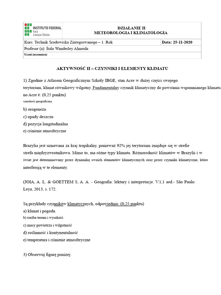 Aktywność II - Czynniki I Elementy Klimatu | PDF