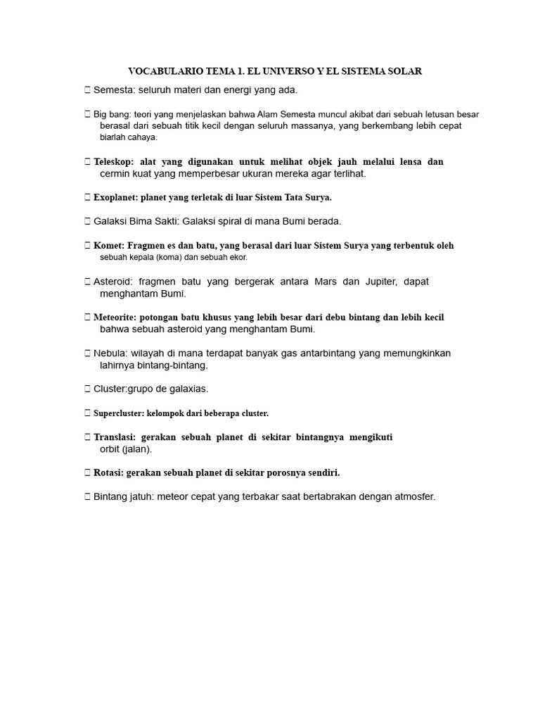 KOSA KATA TEMA 1. ALAM SEMESTA DAN SISTEM SURYA | PDF