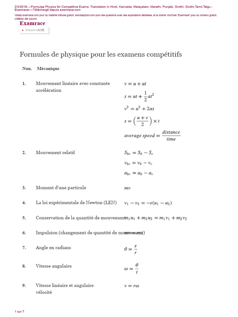 Formules de physique pour examens compétitifs | PDF | Élan | Tension ...
