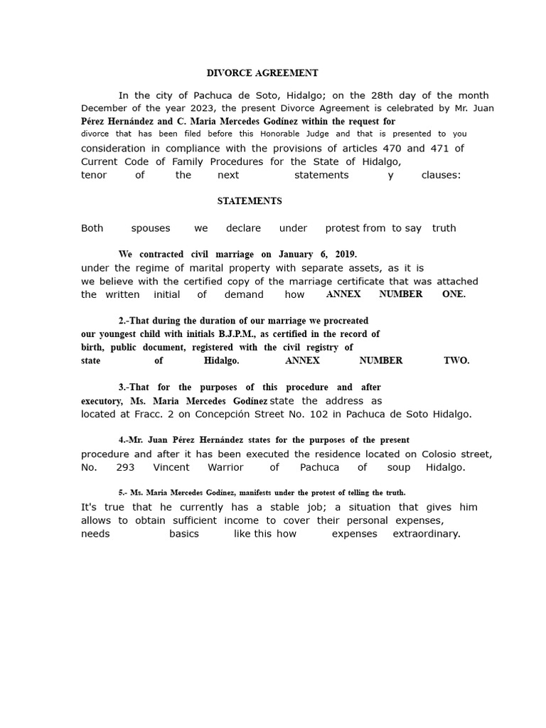 Divorce Agreement Format | PDF | Divorce | Marriage