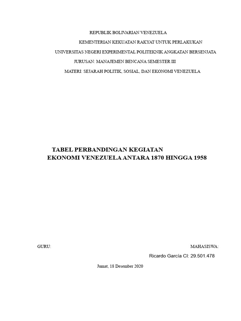 tabel perbandingan aktivitas ekonomi Venezuela dari 1870 hingga 1958 | PDF