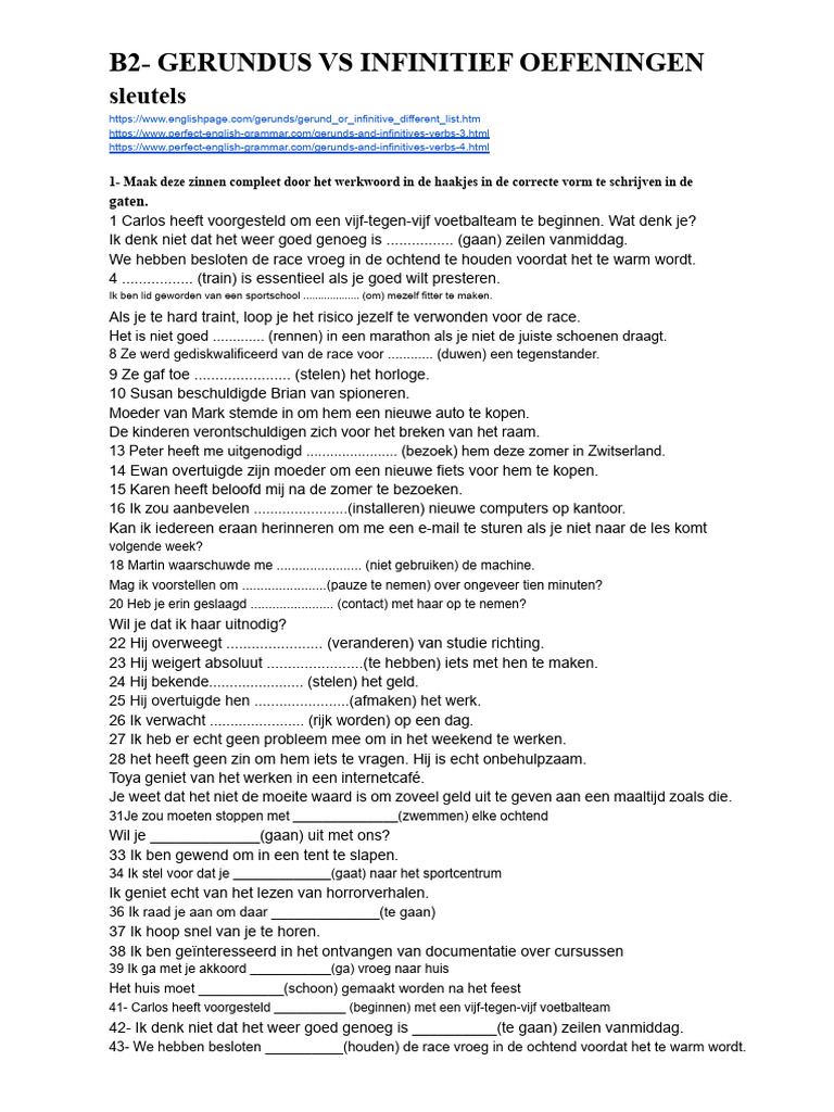 b2 Gerundium Vs Infinitief Oefeningen | PDF
