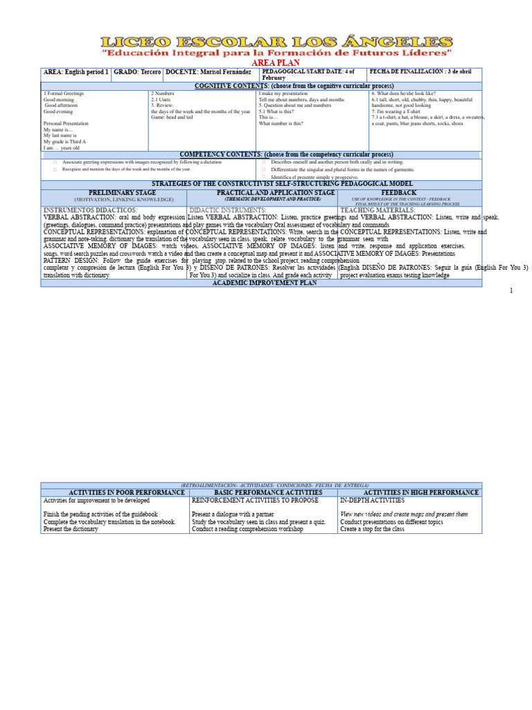 Lesson Plan Third Grade - English Area | PDF | Vocabulary | Human ...