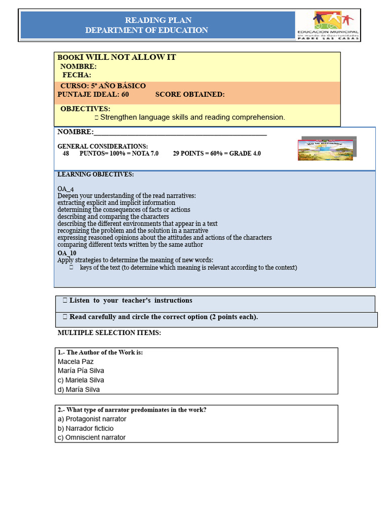 Test I Will Not Allow It | PDF | Reading Comprehension | Narrative