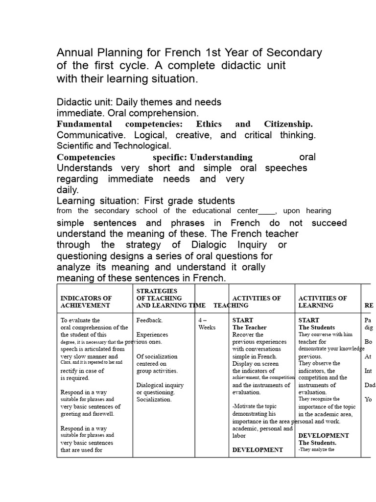 French 1st Year Secondary Planning Guide | PDF | Phrase | Learning