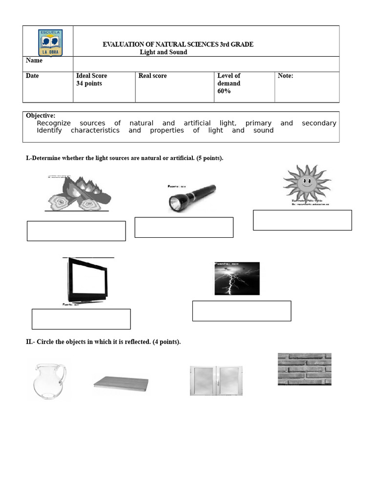 3rd Grade Test Light and Sound Wednesday | PDF | Light | Sound