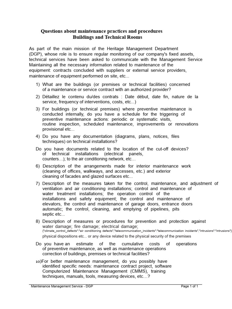Questionnaire On Building Maintenance Practices And Procedures Pdf