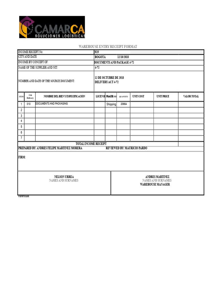 Warehouse Entry Receipt | PDF