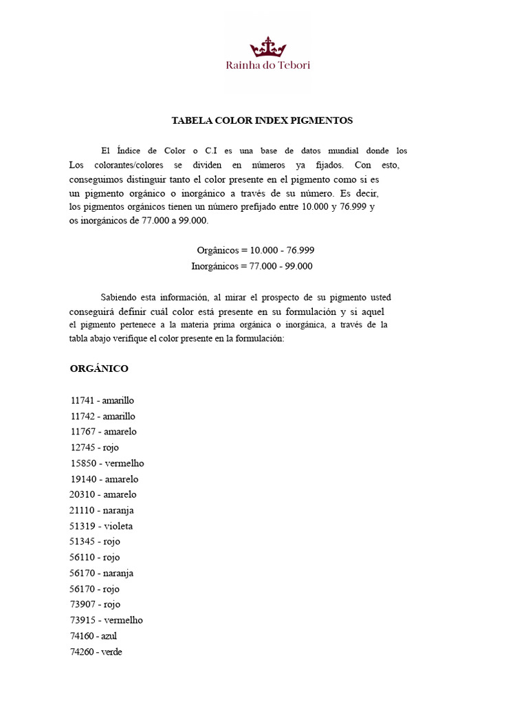 Índice de Color y Tipos de Pigmentos | PDF | Color | marrón