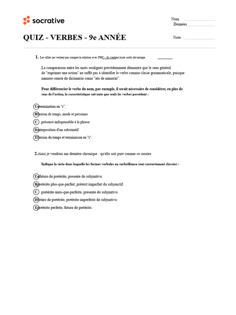 Quiz sur les verbes pour 9e année | PDF | Verbe | Conjugaison
