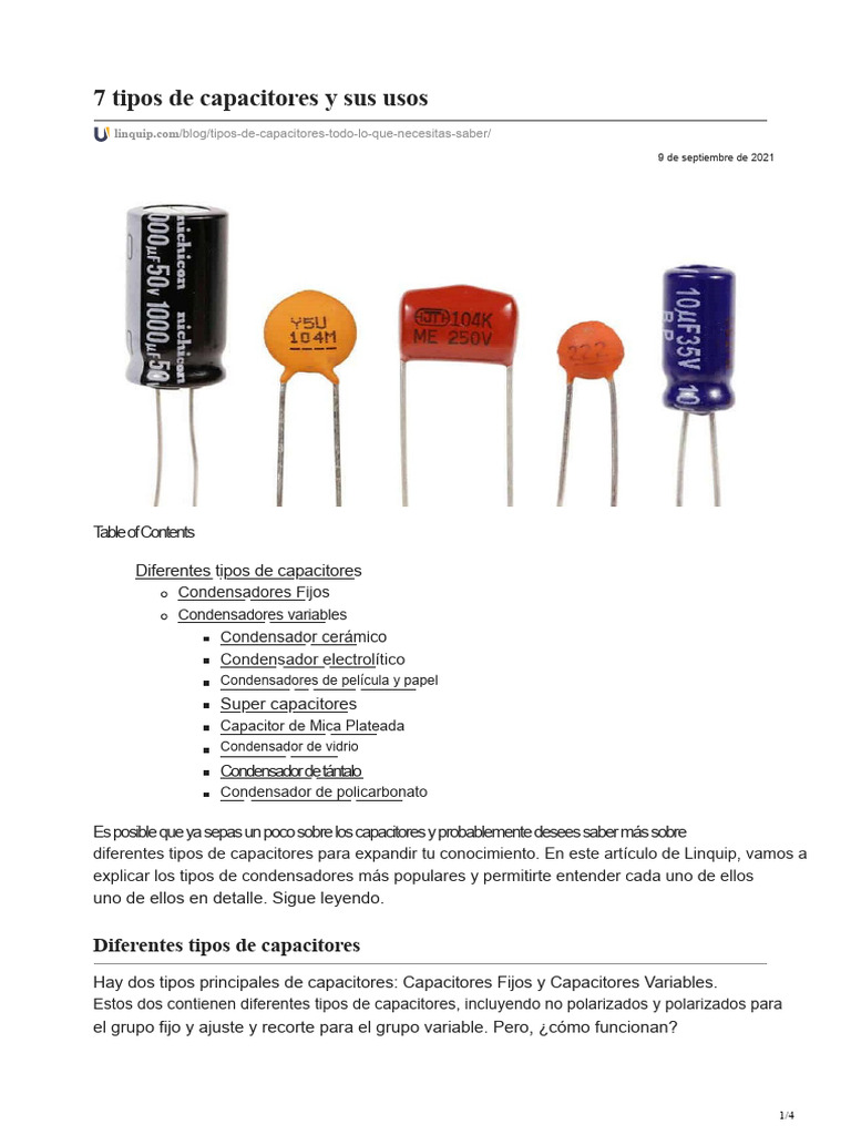 7 Tipos de Capacitores y Sus Usos | PDF | Condensador | Capacidad