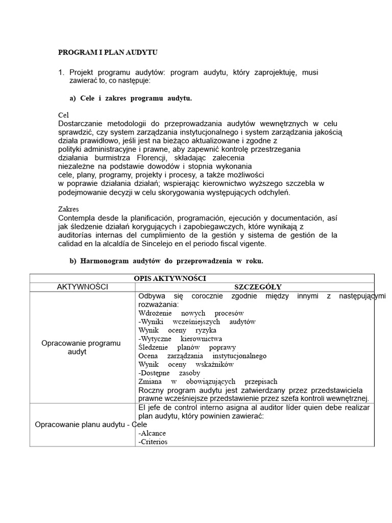 Projekt Programu I Plan Audytów | PDF