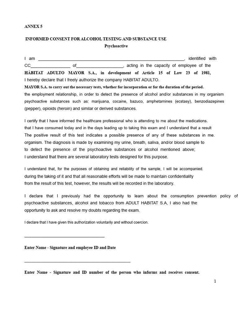 Annex 5 Informed Consent For Alcohol Testing and Psychoactive Substance ...