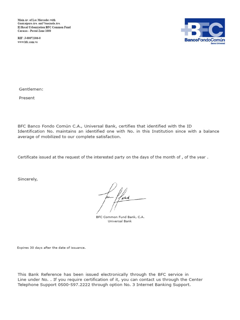 BFC Bank Reference Certificate Template | PDF
