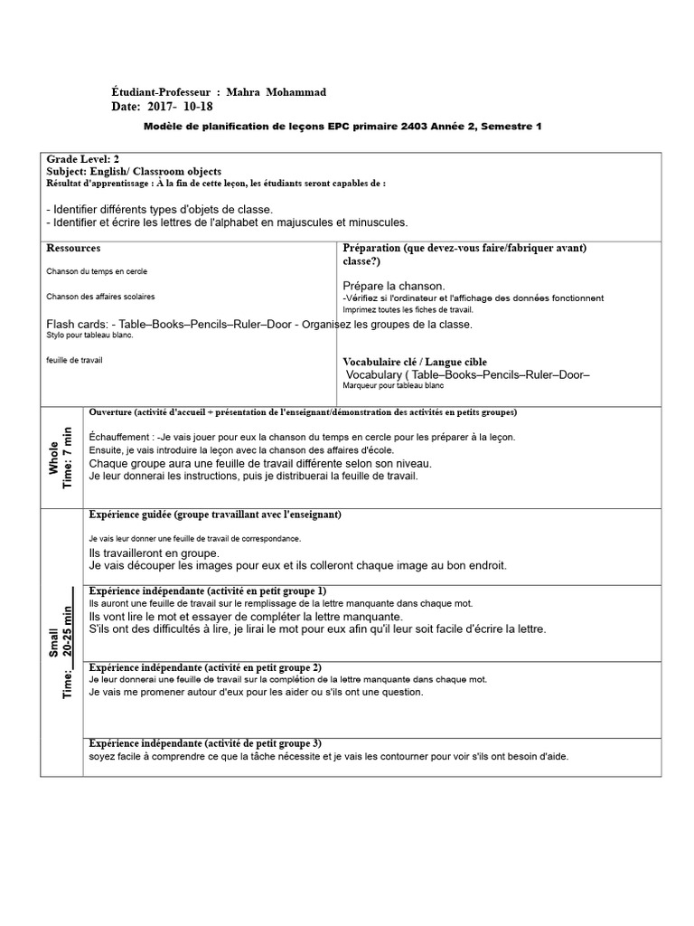 Plan de leçon anglais pour le primaire | PDF