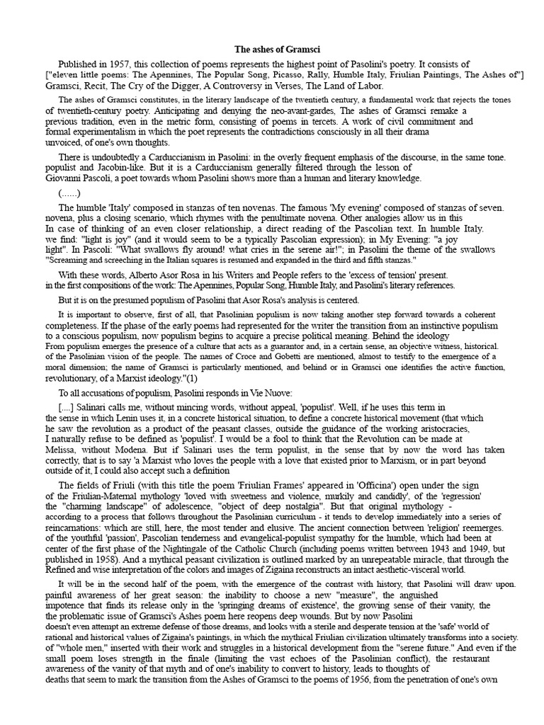 Pasolini, Pierpaolo - On The Ashes of Gramsci | PDF | Populism | Poetry