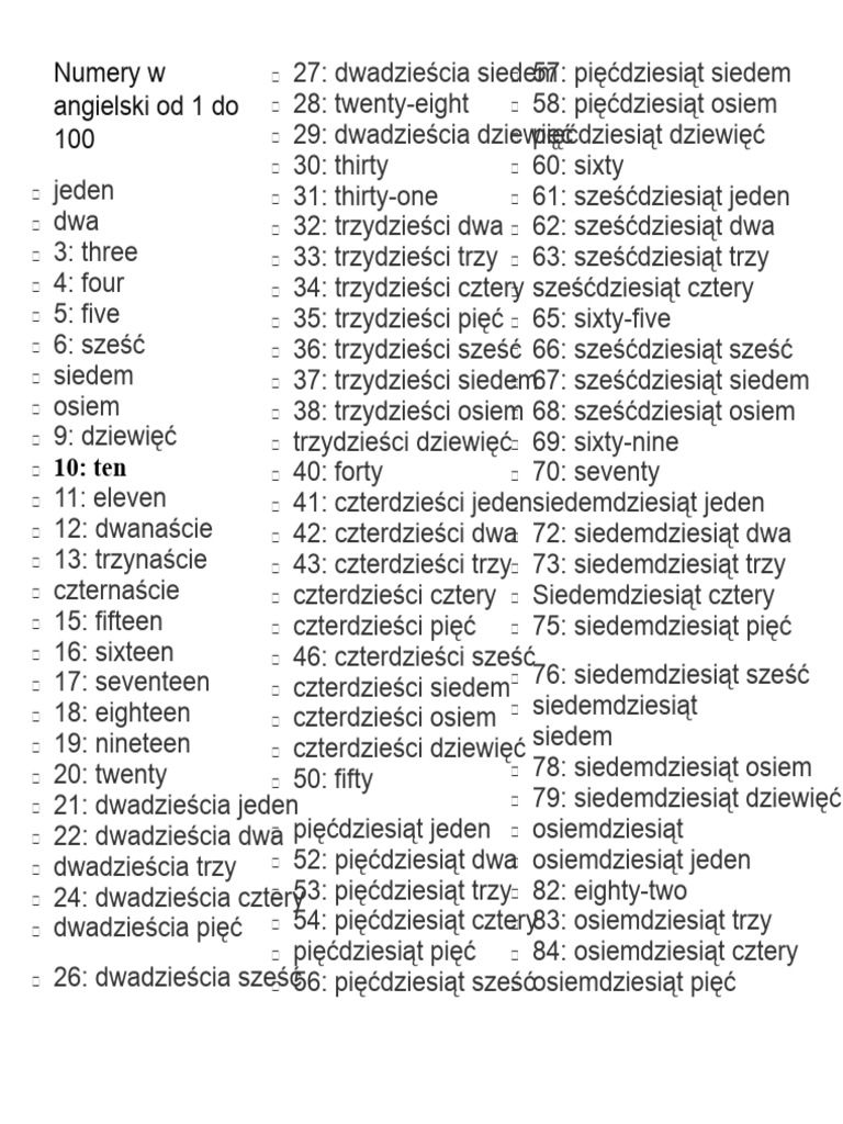 Liczby Po Angielsku Od 1 Do 100 | PDF