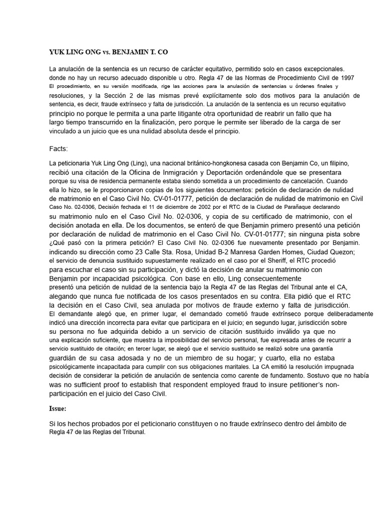 Anulación de Sentencia: Caso Ong vs. Co | PDF | Sentencia (ley ...