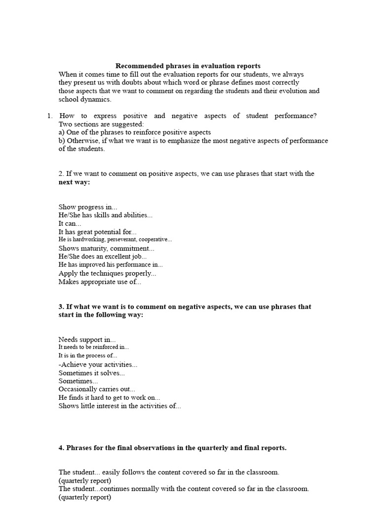 Recommended Phrases For The Evaluation Report | PDF | Learning | Human ...