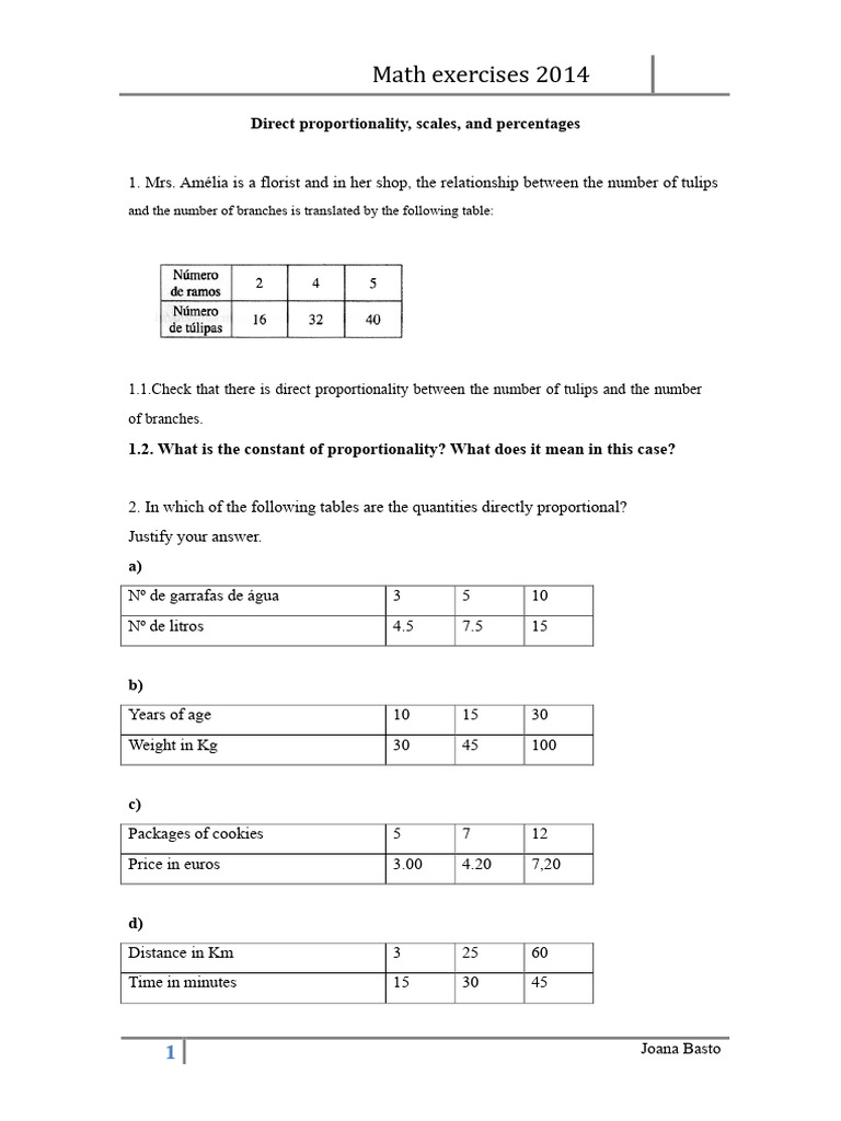 Math Worksheet - Direct Proportionality 6th Grade | PDF | Ratio ...