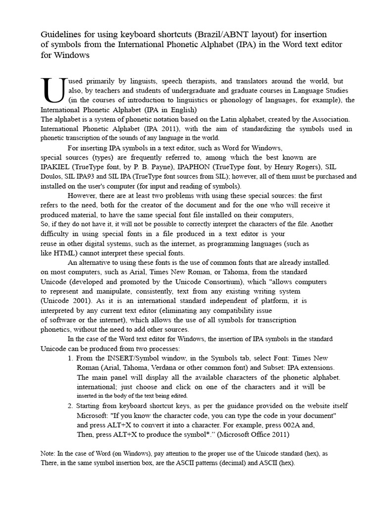IPA Symbol Shortcuts for Word (ABNT) | PDF | Arial | Orthography