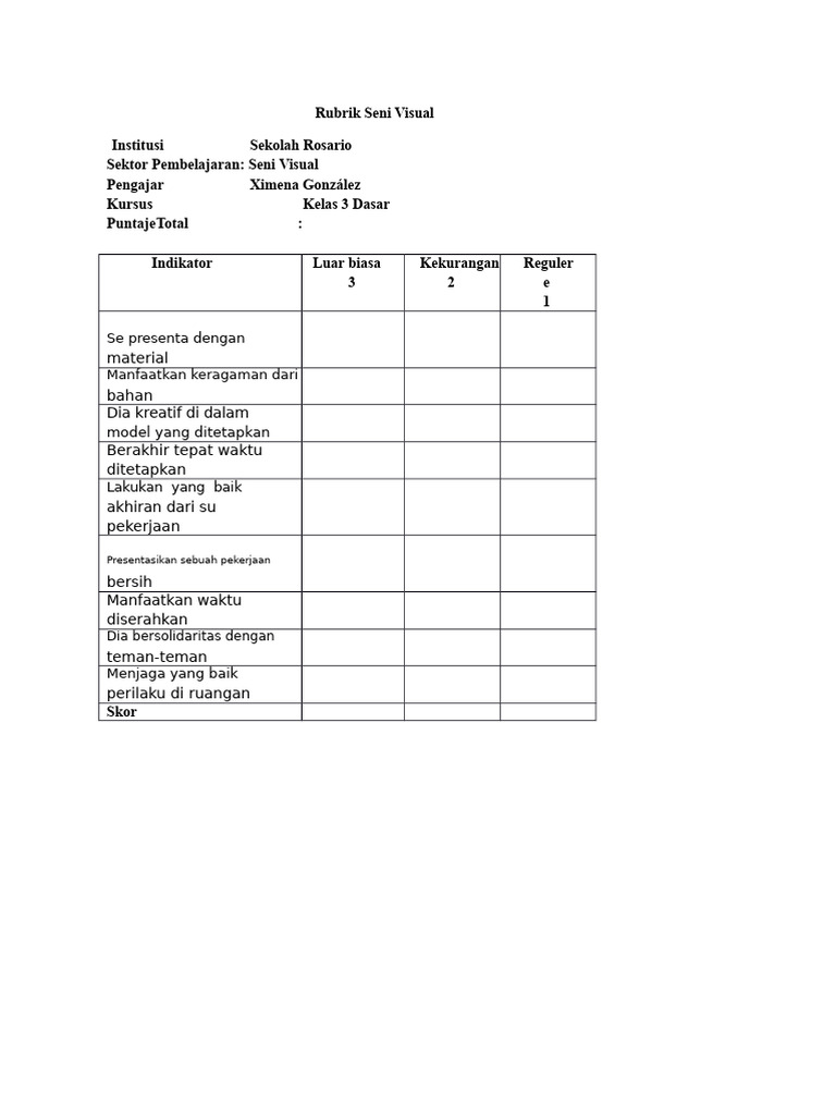 Rubrik Penilaian Seni Visual Kelas 3 | PDF