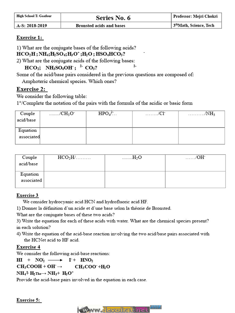 Exercise Series - Chemistry - Bronsted Acids and Bases - 3rd Science ...