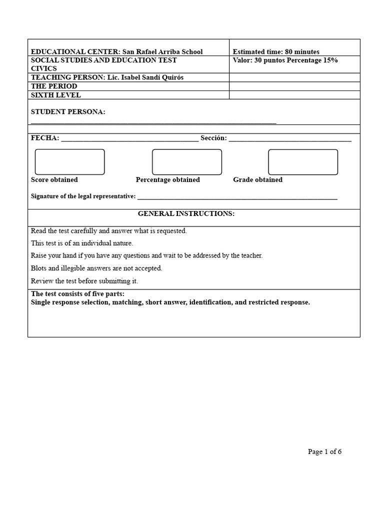 6th Grade Social Studies First Test | PDF | Costa Rica