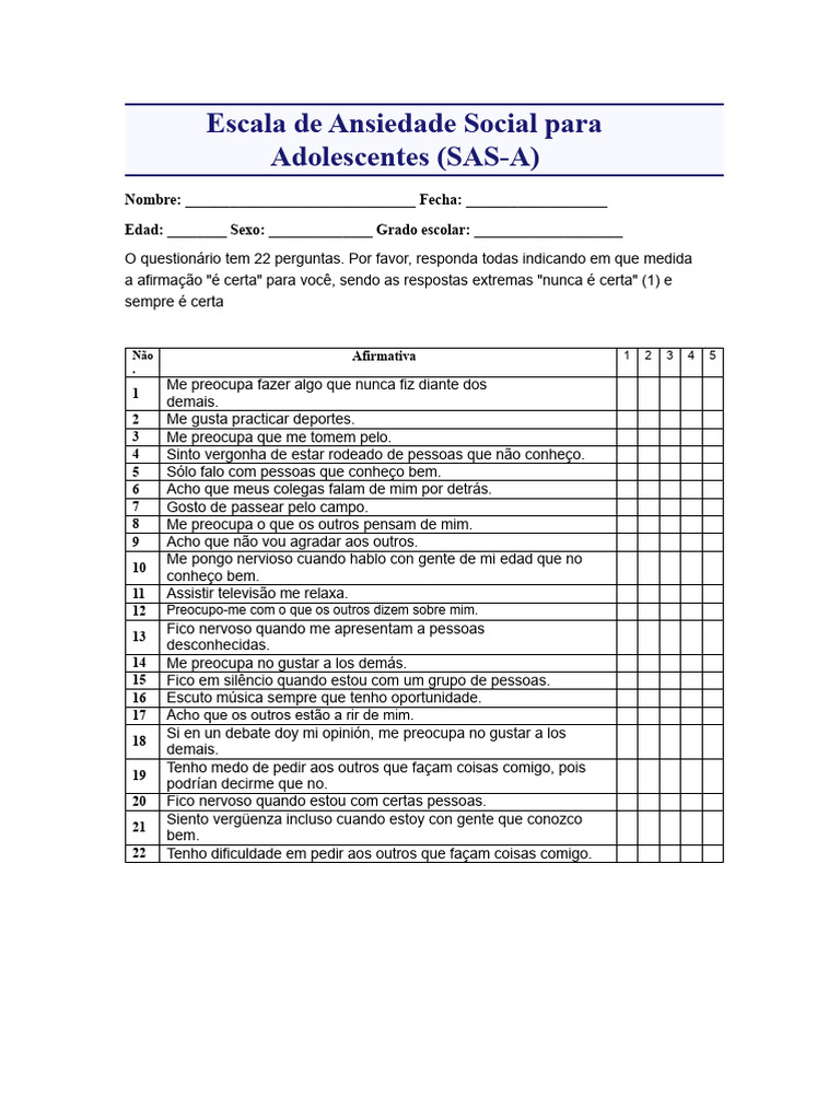 Escala de Ansiedade Social para Adolescentes | PDF