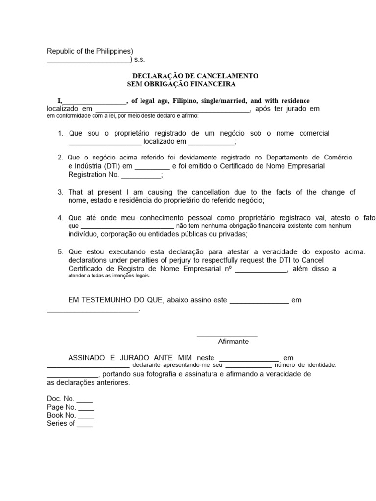 Declaração de Cancelamento de Negócio | PDF