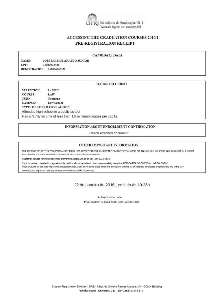 UFRJ Pre-registration Receipt | PDF | Justice | Crime & Violence