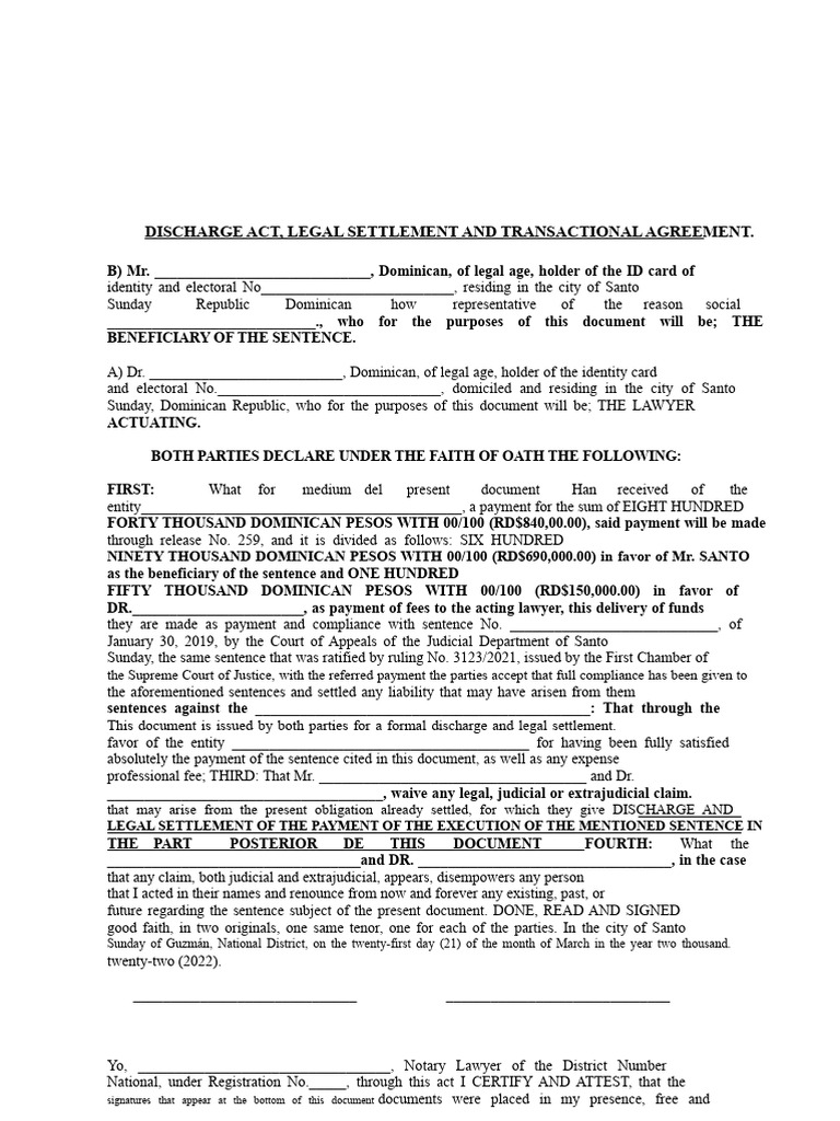 Legal Release or Settlement Model | PDF | Payments | Dominican Republic