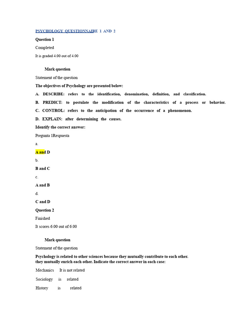 Psychology Questionnaire 1 and 2 | PDF | Psychology | Temperament