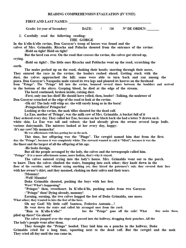Reading Comprehension Evaluation 1ST Year of Secondary School (Iv Unit ...