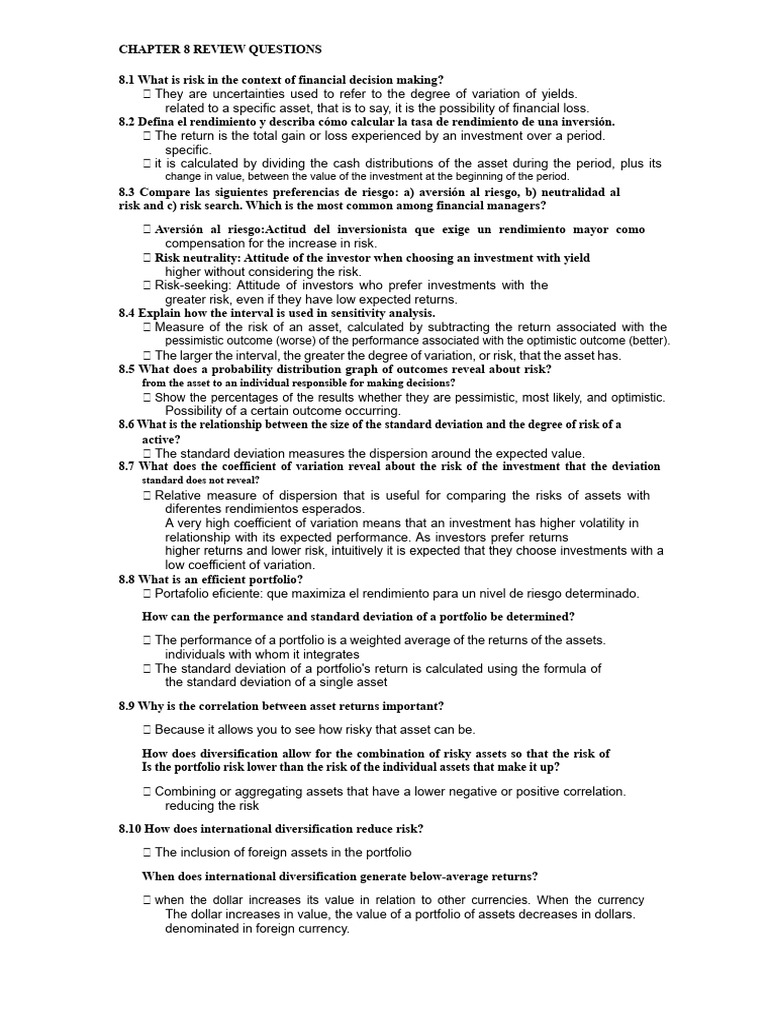 Review Questions Chapter 8 | PDF | Financial Risk | Diversification ...