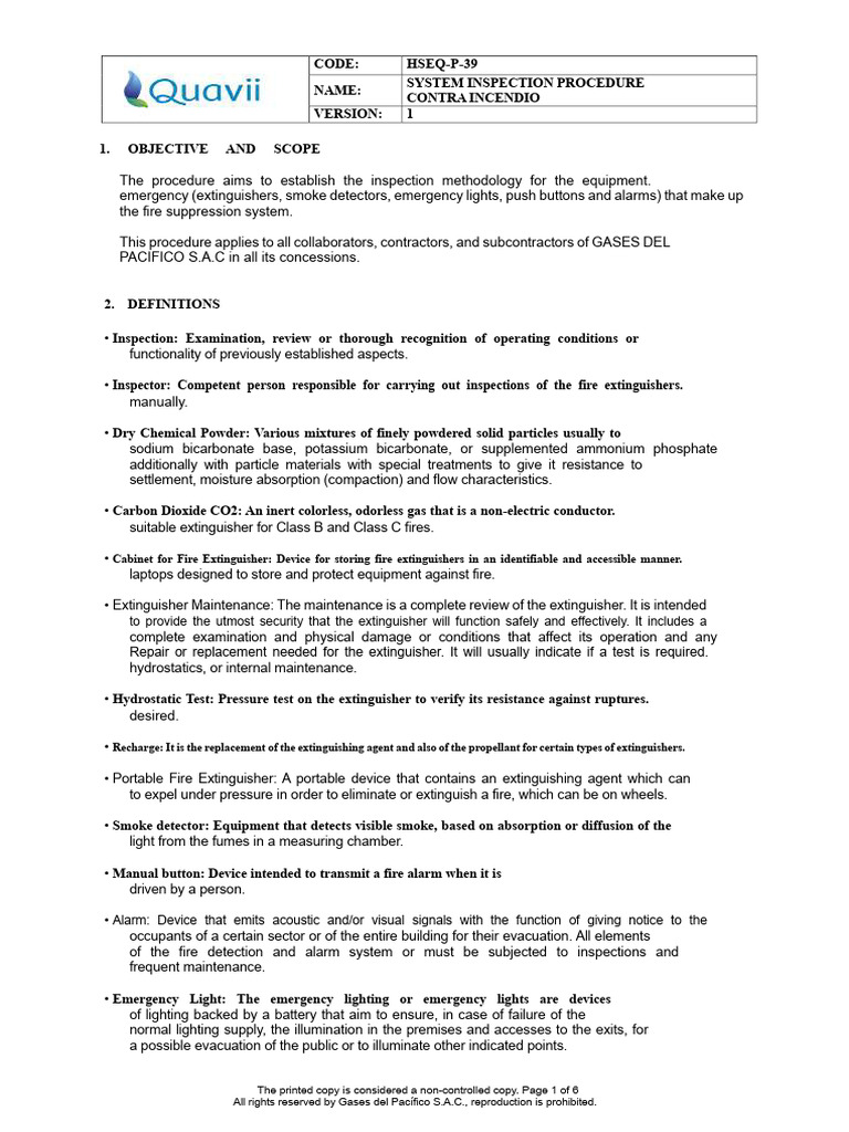 Fire Protection System Inspection Procedure | PDF | Firefighting ...
