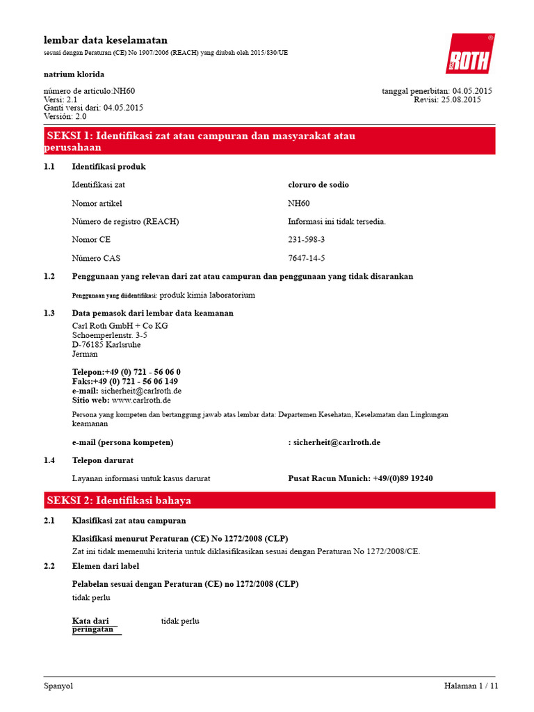 Lembar data keselamatan NaCl | PDF