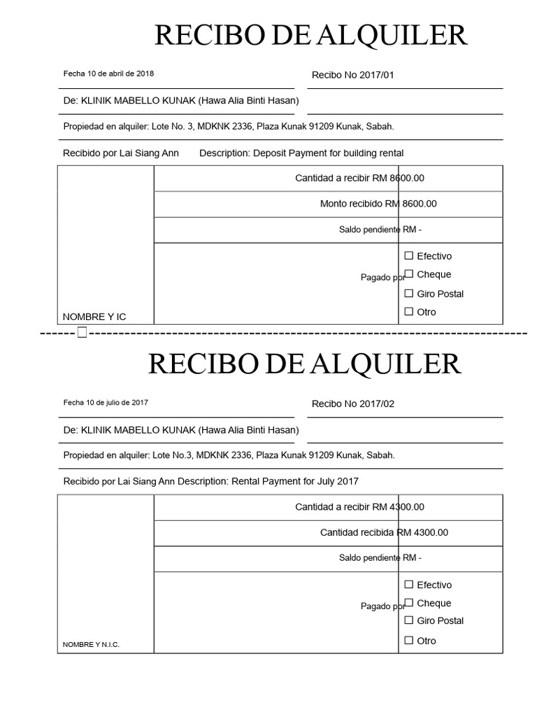 Recibos de Alquiler Klinik Mabella Kunak | PDF
