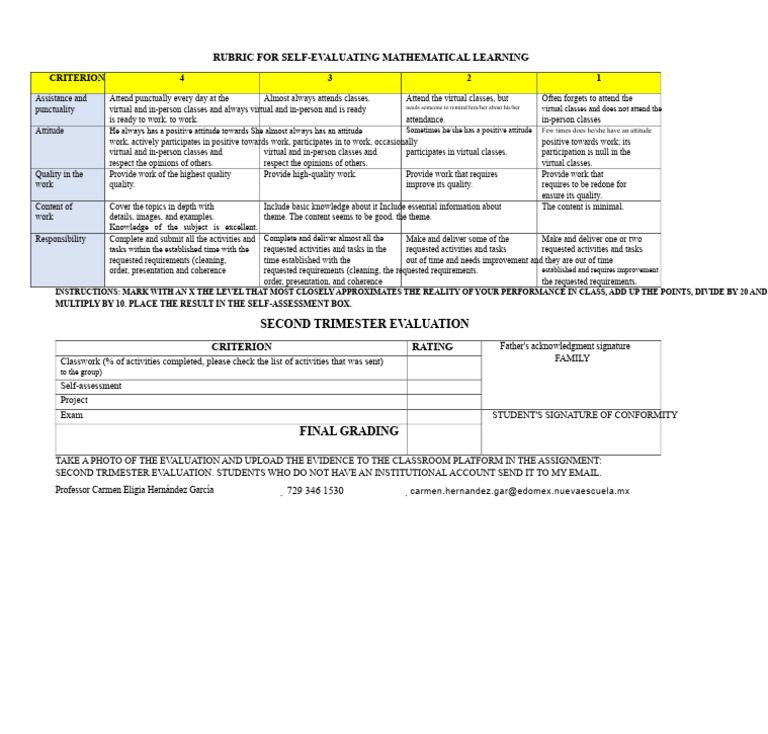 Self-Evaluation Rubric Mathematics | PDF | Learning