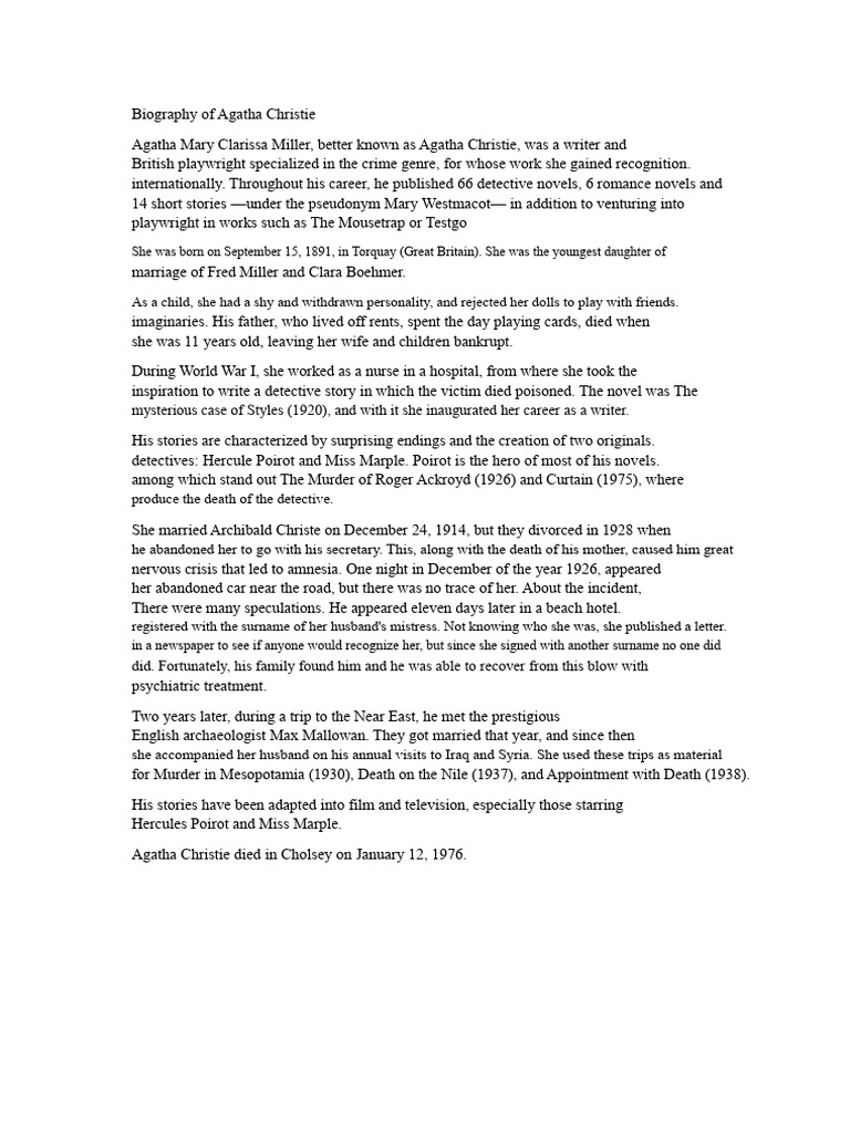 Biography of Agatha Christie | PDF | Agatha Christie | Agatha Christie ...