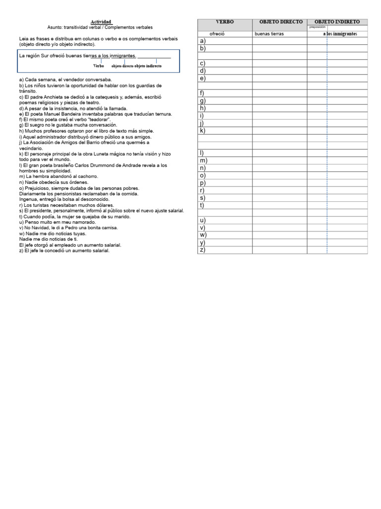 Ejercicio Complemento Verbal | PDF | Objeto (gramática) | Verbo