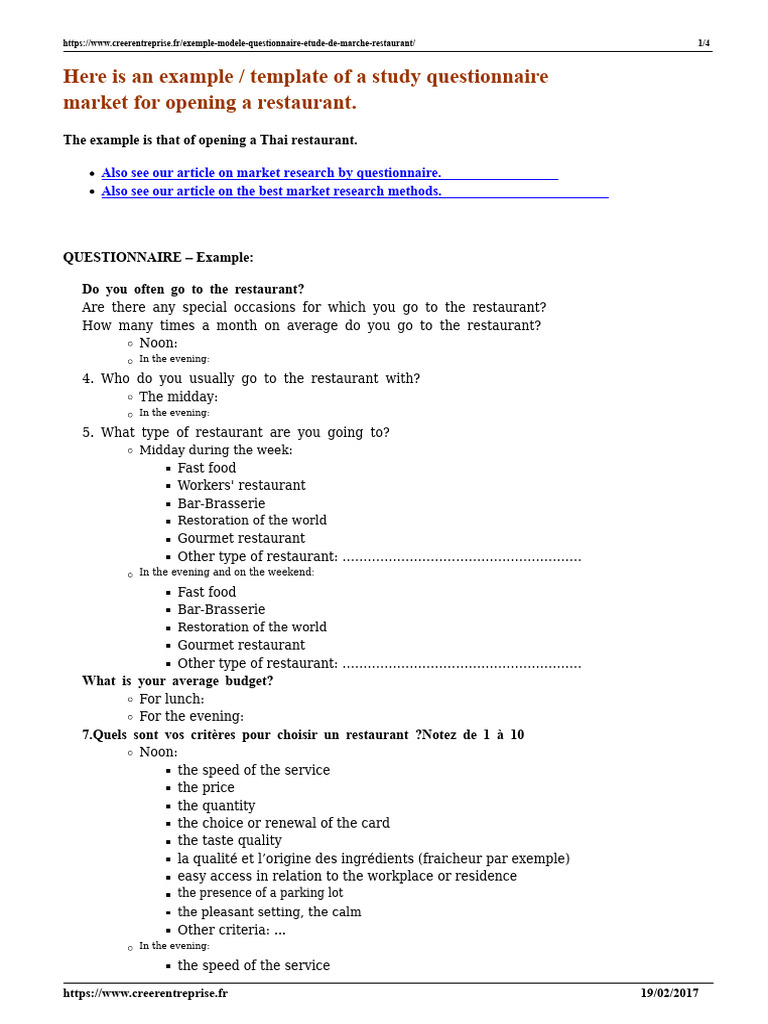 Example Template Questionnaire Market Study Restaurant | PDF | Thai ...