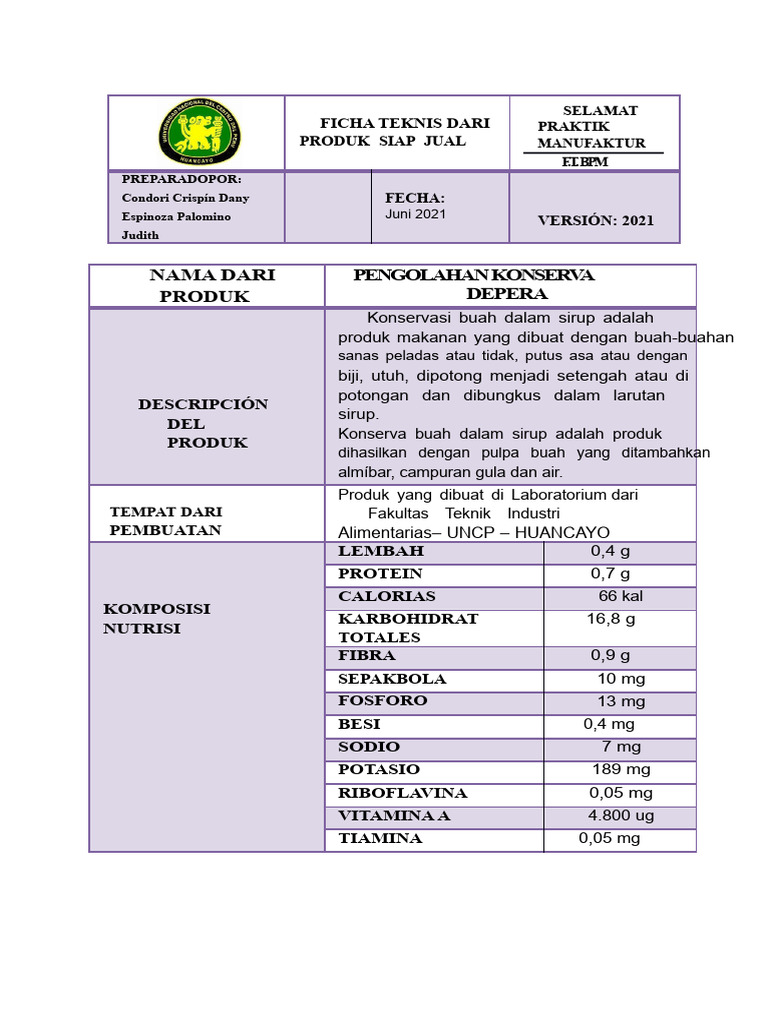 Konserva Buah dalam Sirup: Ficha Teknis | PDF