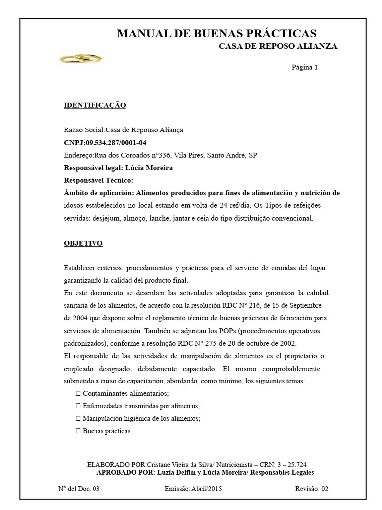 MANUAL DE BUENAS PRÁCTICAS casa de reposo alianza | PDF | Alimentos | Carne