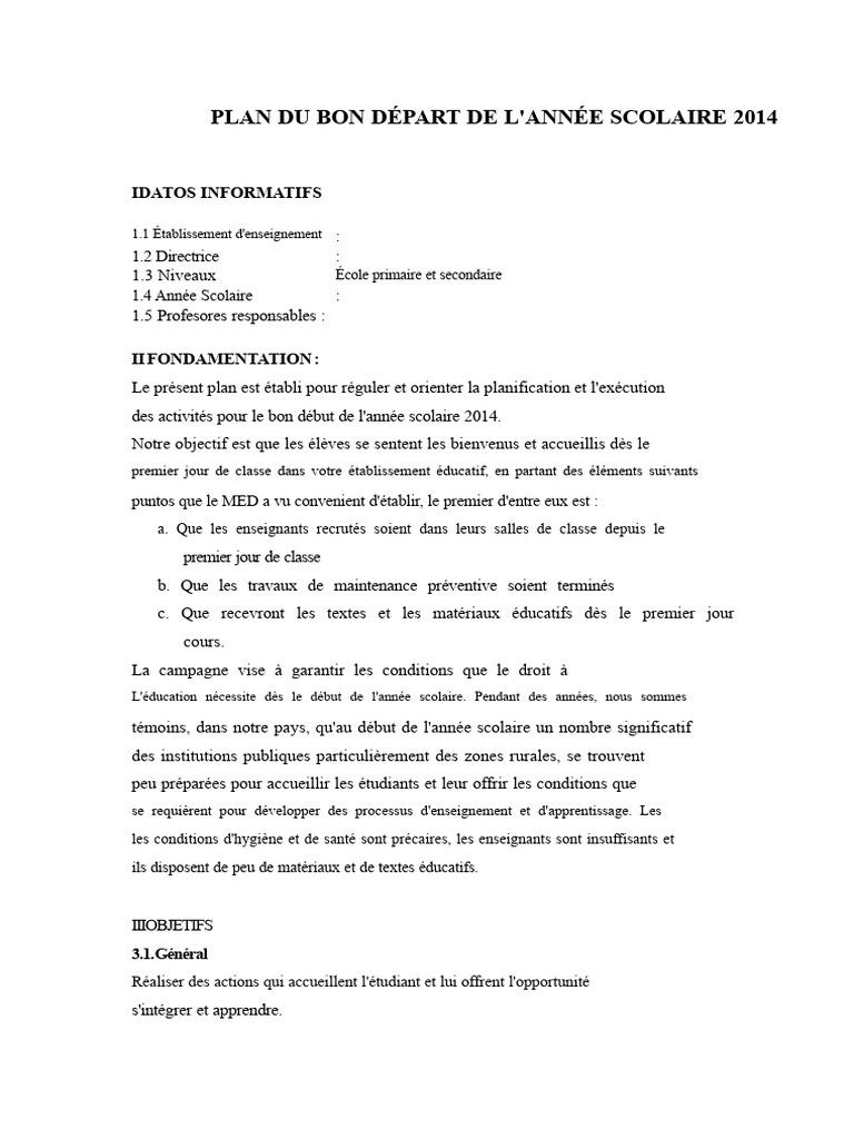 Plan de Bon Départ Année Scolaire 2014 | PDF