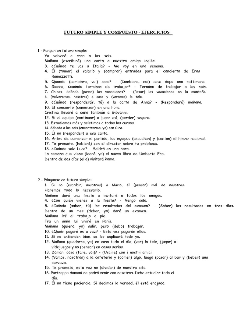 Futuro Simple Y Compuesto Ejercicios Pdf