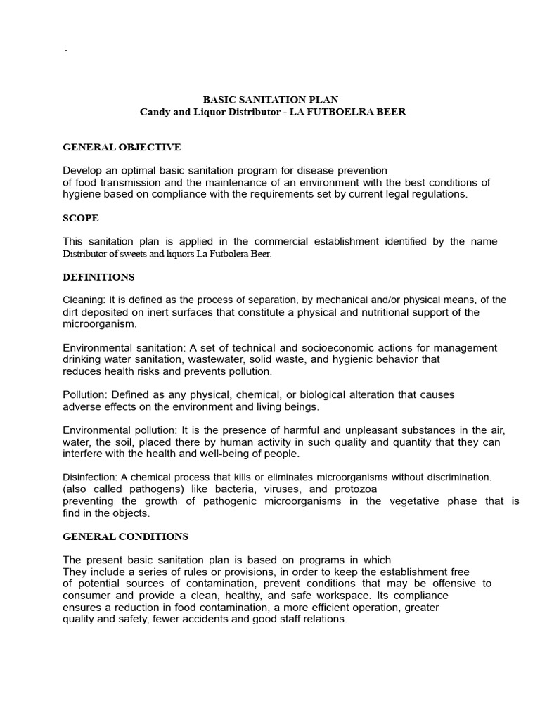 Example Basic Sanitation Plan | PDF | Sanitation | Waste