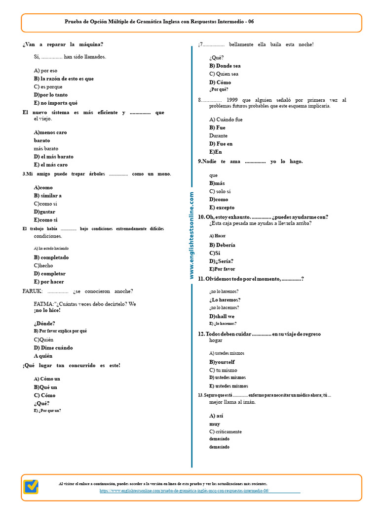 633 Prueba de Gramática Inglesa MCQ Con Respuestas Intermedio-06 | PDF ...